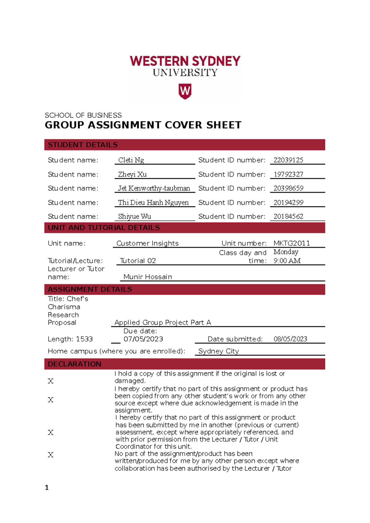 Marketing insights part A - SCHOOL OF BUSINESS GROUP ASSIGNMENT COVER SHEET STUDENT DETAILS ...