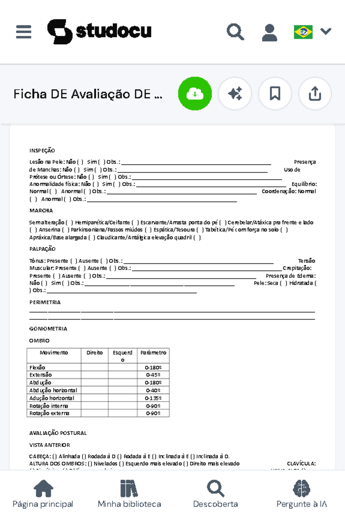 Ficha DE Avaliação DE Fisioterapia EM Traumato Ortopedia - Modelo ...