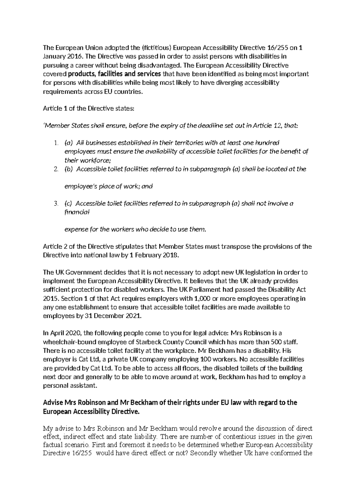 Directives sample answer AW - The European Union adopted the ...