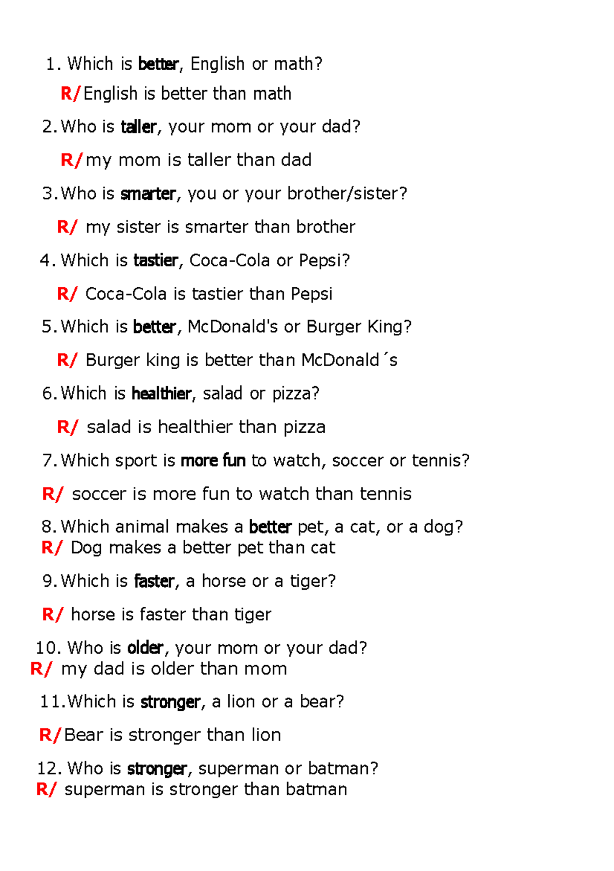 Comparative and Superlative Question - Which is better, English or math ...