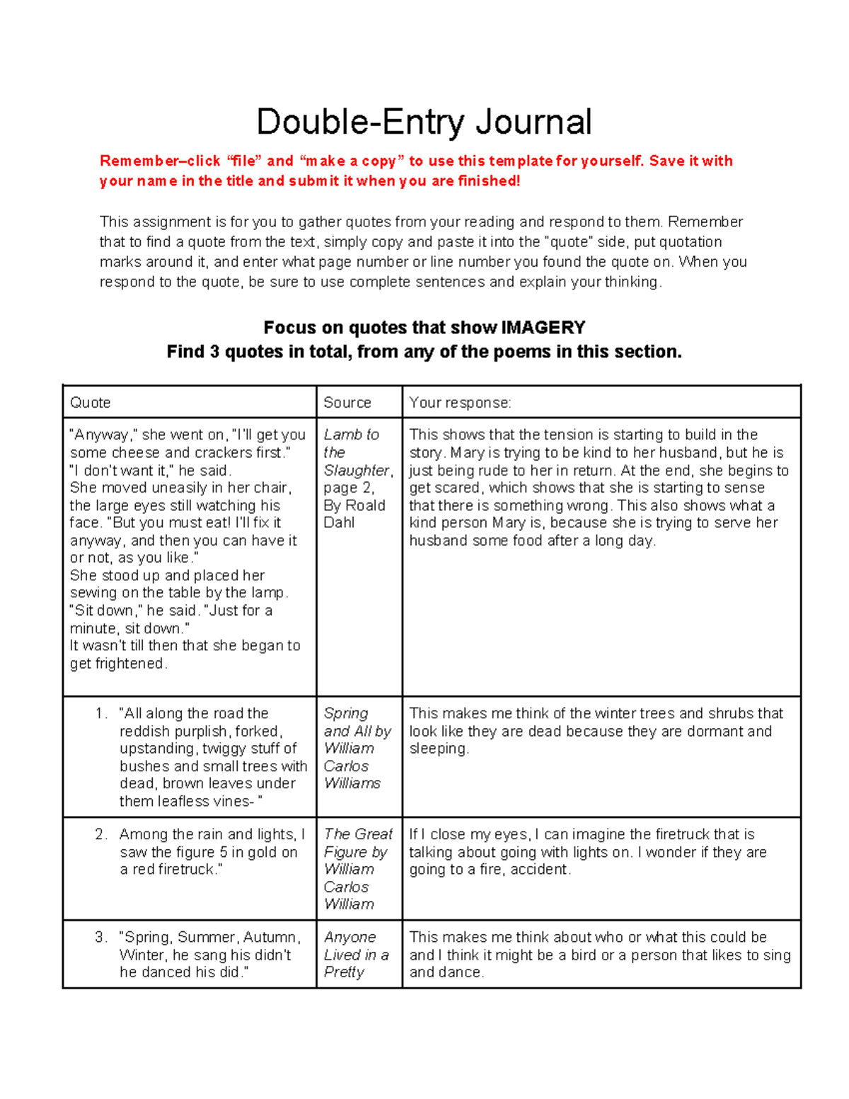 1.07 Poetry Imagery Double Entry Journal - Double-Entry Journal ...