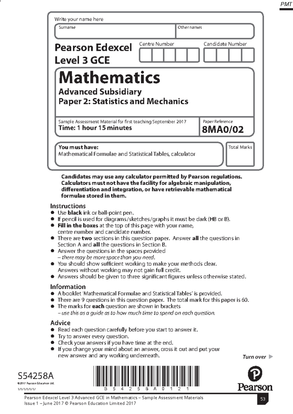 Sample QP - Centre Number Candidate Number Write your name here Surname ...