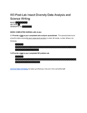 W5 Post-Lab - Post-Lab - W5 Barcoding PCR Post-Lab Assignment NAME: SECTION: GRADUATE TA ...