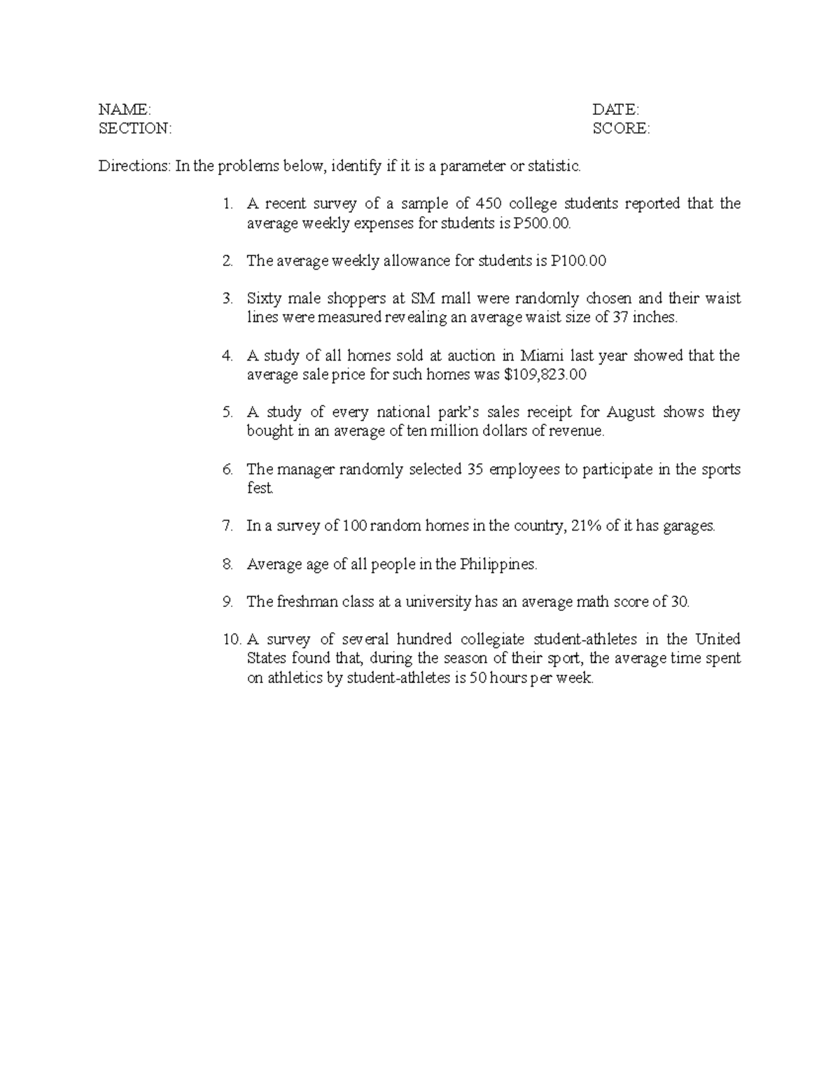 Activity Parameter-AND- Statistic - NAME: DATE: SECTION: SCORE ...