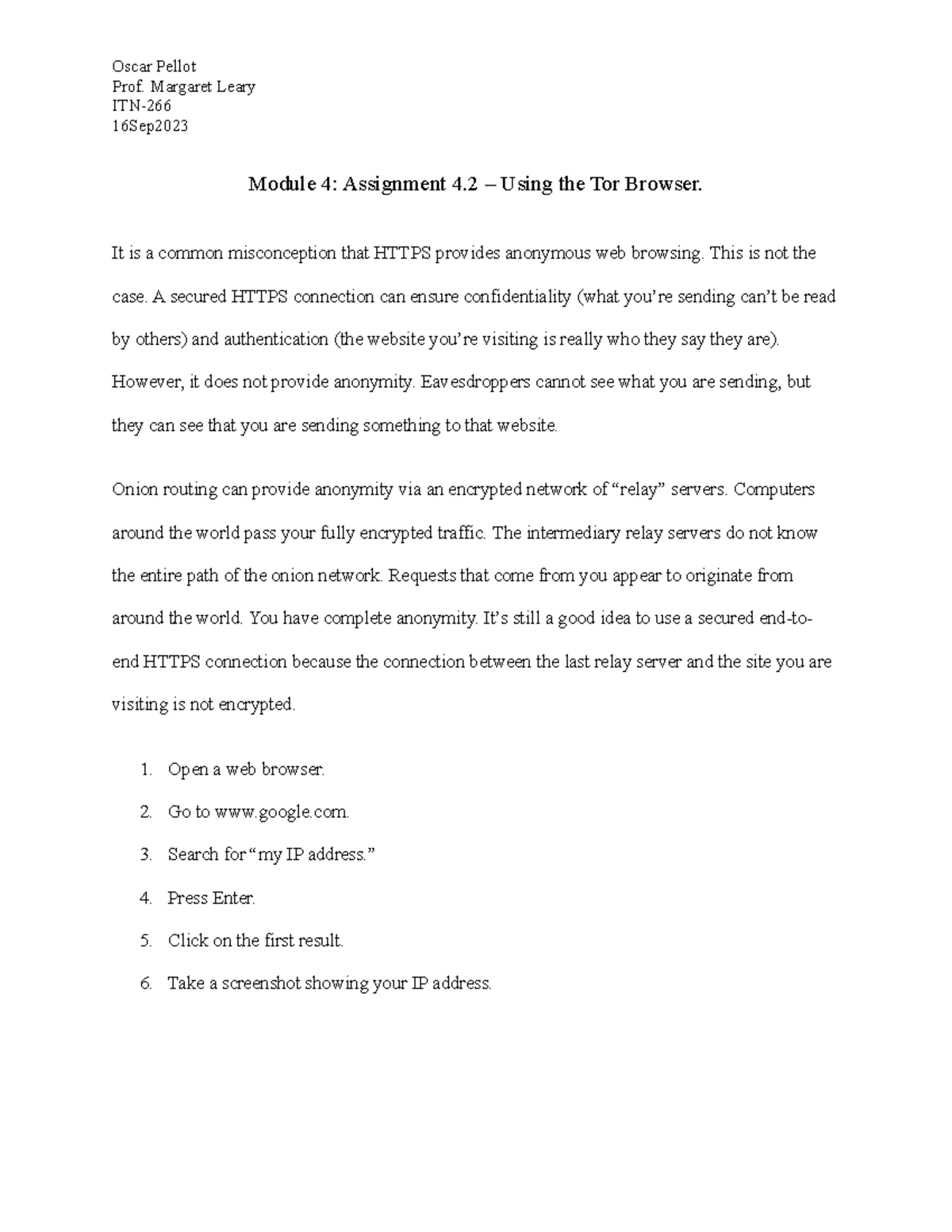 Assignment 4.2 Oscar Pellot - Prof. Margaret Leary ITN- 16Sep Module 4: Assignment 4 – Using the ...