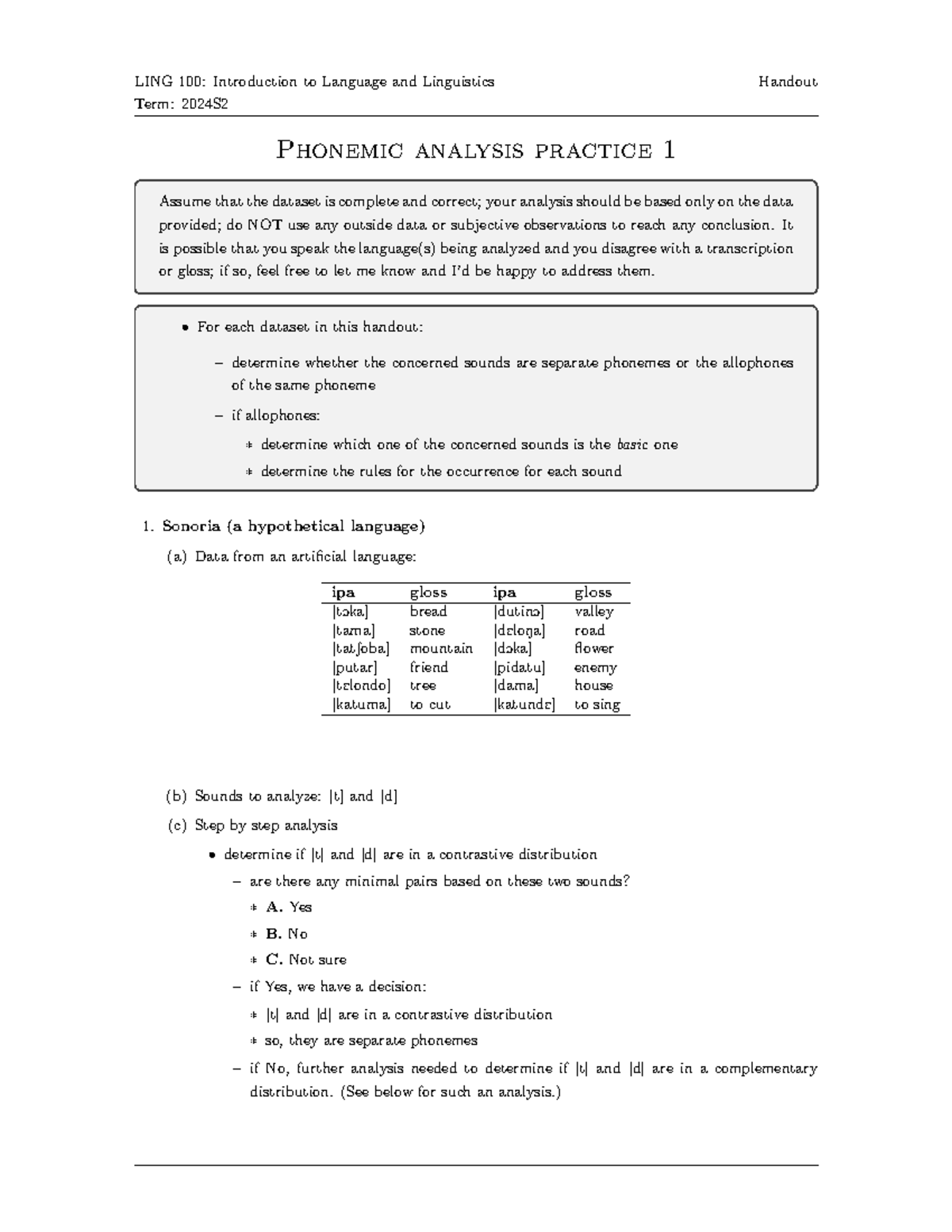 8 Handout Phonology 1 - ling 100 - LING 100: Introduction to Language and Linguistics Term ...