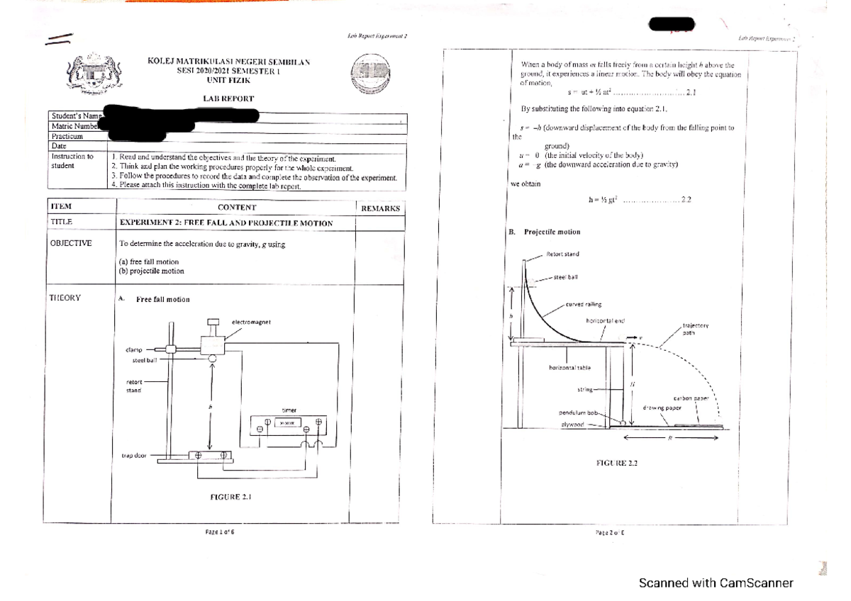 Exp 2 Free fall and projectile motion semester 1 - PHYSIC FOR ...