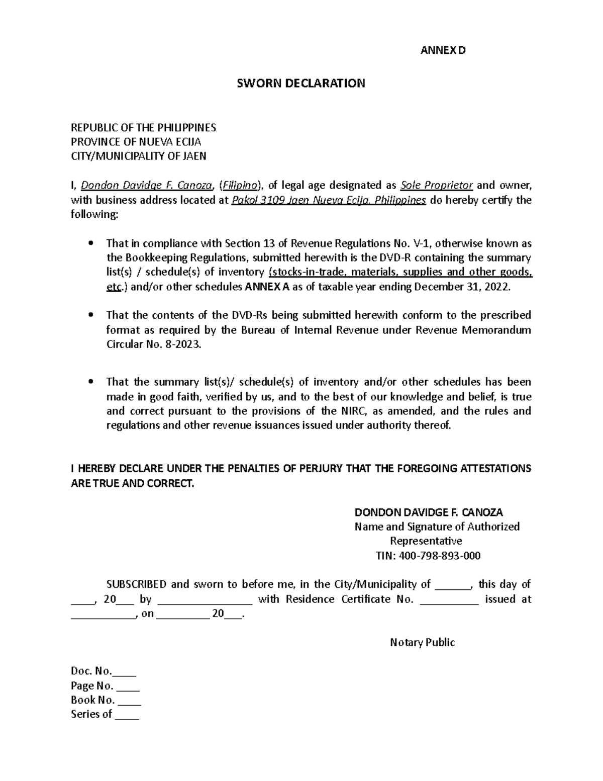 Annex D DC Pharmacy - NONE - ANNEX D SWORN DECLARATION REPUBLIC OF THE ...