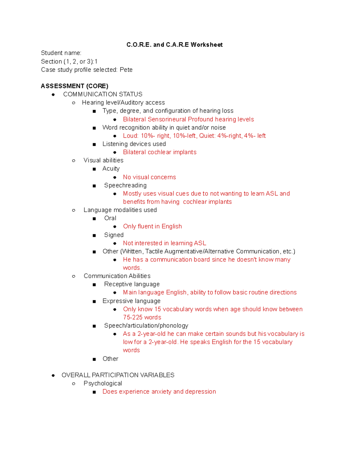 Core Worksheet - C.O.R. and C.A.R Worksheet Student name: Section (1, 2 ...