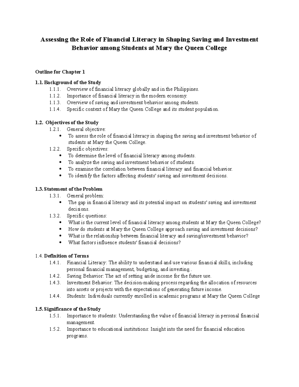 Chapter-1-Outline - Outline - Assessing the Role of Financial Literacy ...