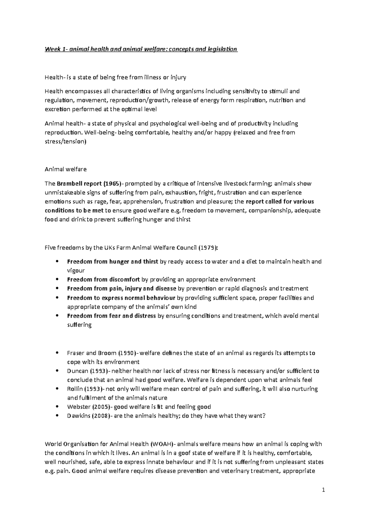 full modules notes - Week 1- animal health and animal welfare: concepts ...