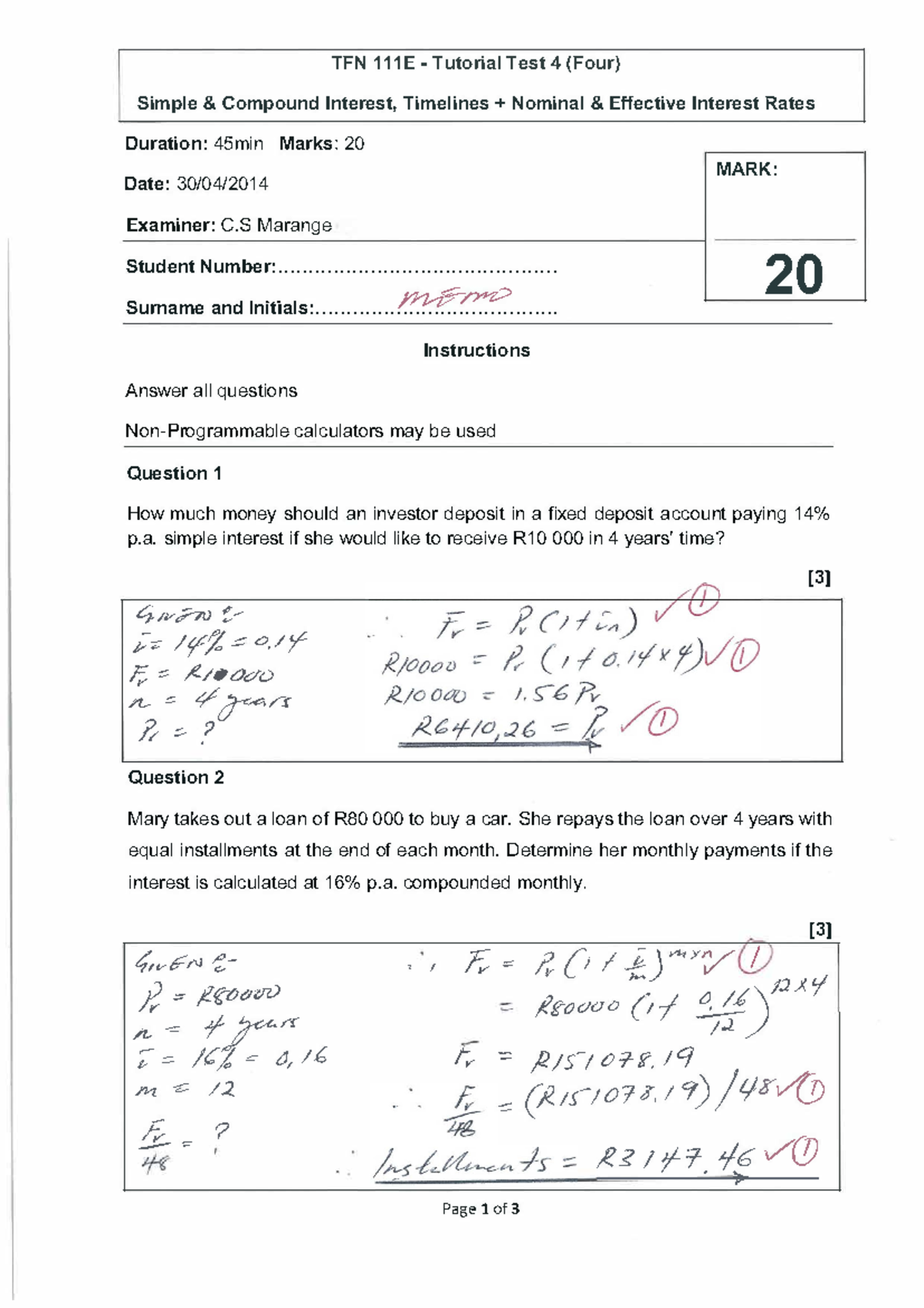 Tut Test 4 Memo 2014 - It has relevant information - TFN 111E -Tutorial ...