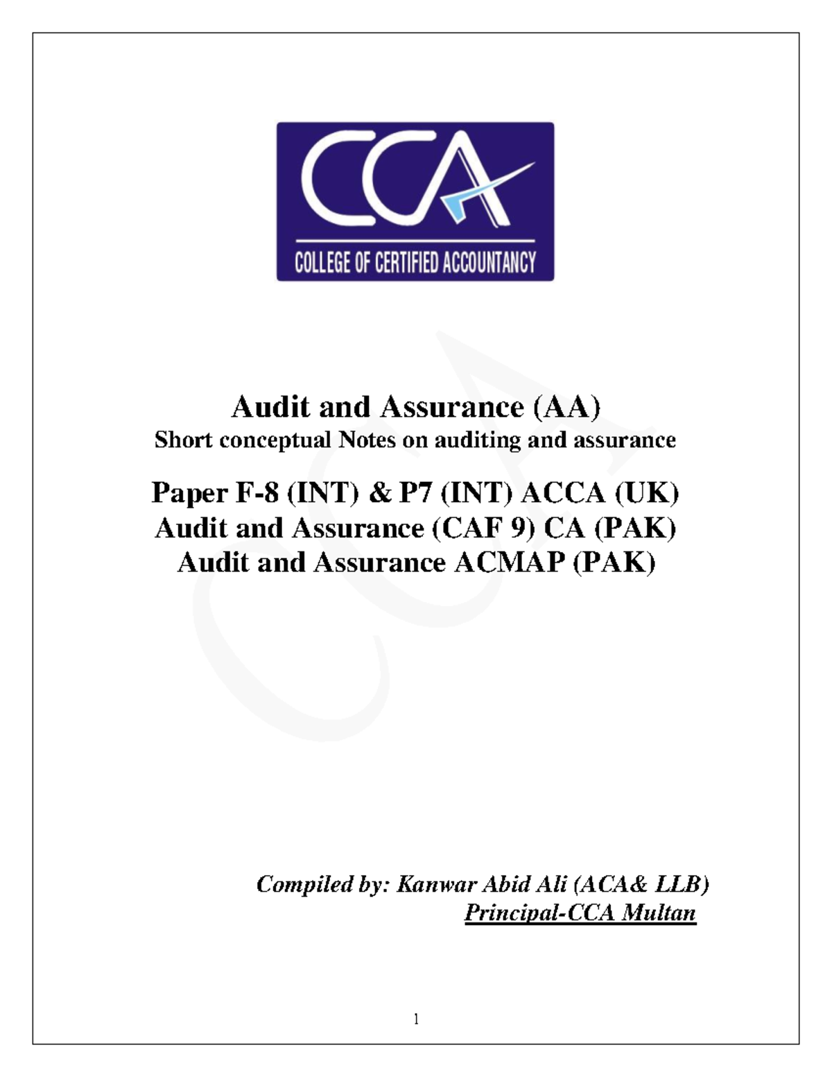 ACA Notes - AUDit audt - Audit and Assurance (AA) Short conceptual ...