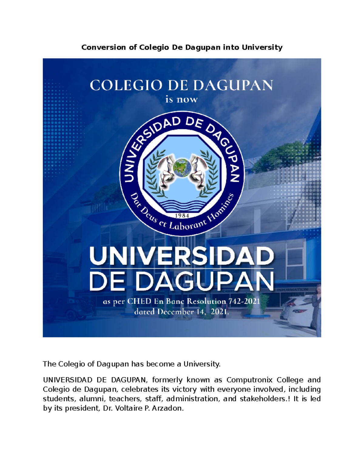 B- Change IN Operation - just read - Conversion of Colegio De Dagupan ...