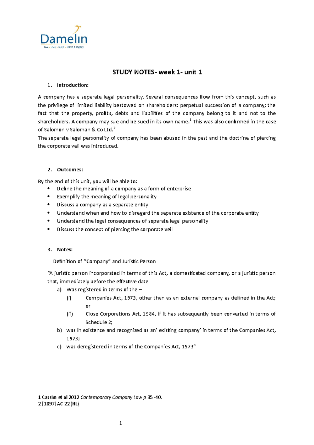 Week 1 unit 1 Study Notes - STUDY NOTES- week 1- unit 1 Introduction: A ...