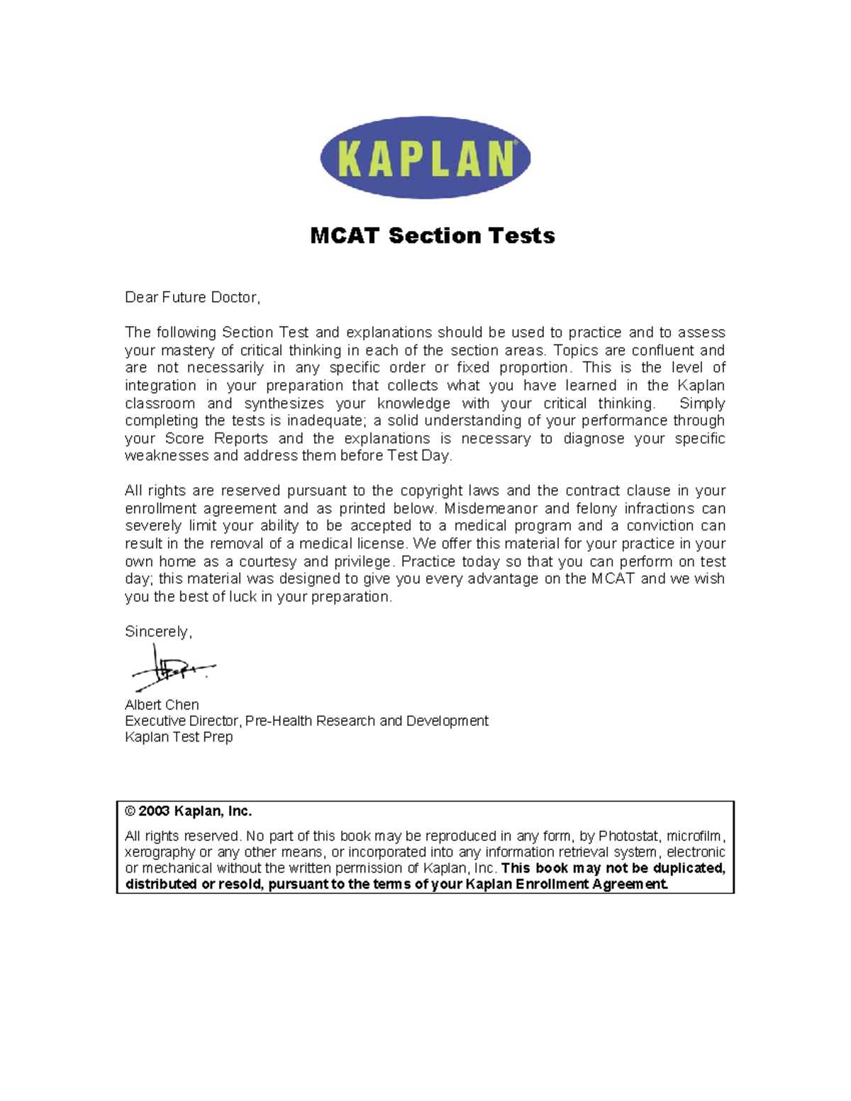 Reading Comprehension - MCAT Section Tests Dear Future Doctor, The ...