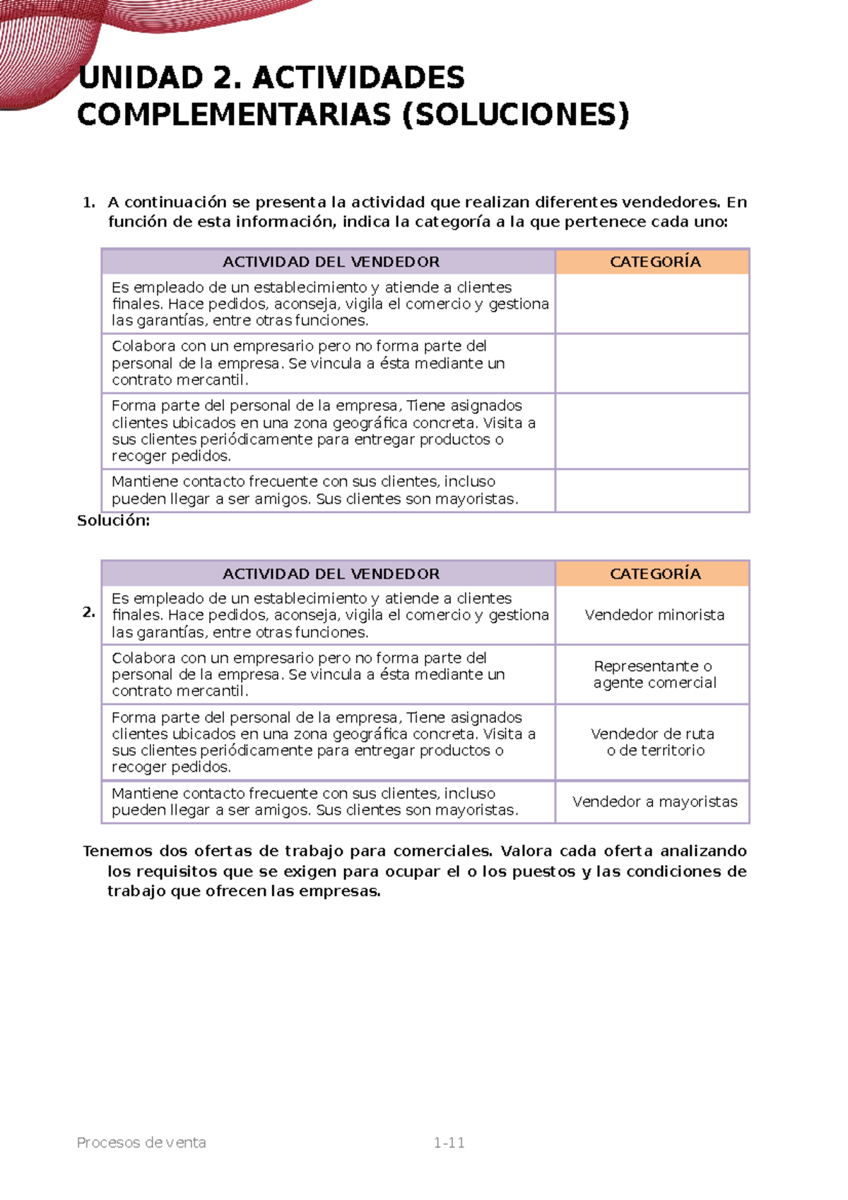 U2 solucion actividades Procesos de venta - COMPLEMENTARIAS (SOLUCIONES) A continuación se ...