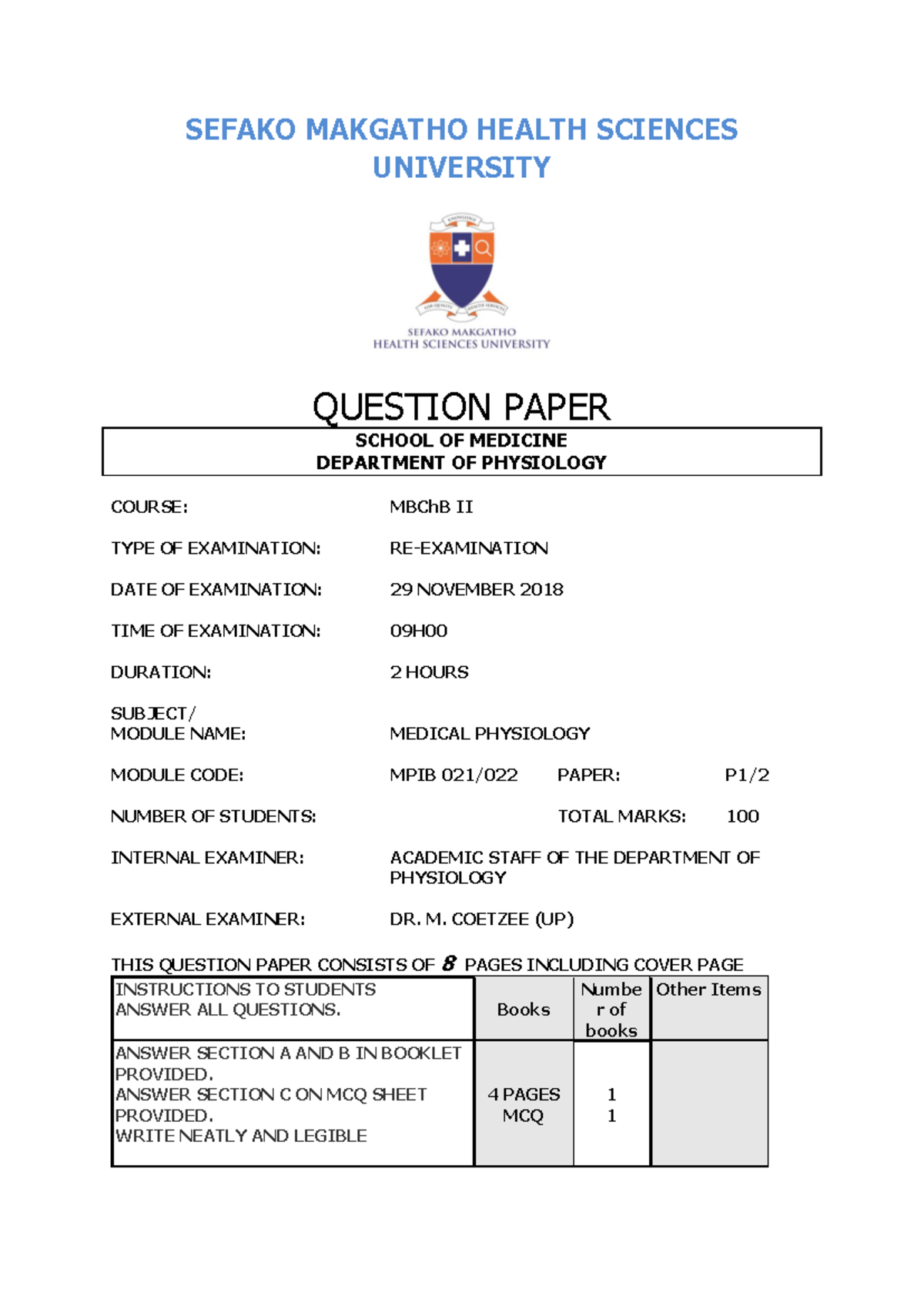 MPIB 021 RE-EXAM P1 NOV 2018 - SEFAKO MAKGATHO HEALTH SCIENCES ...
