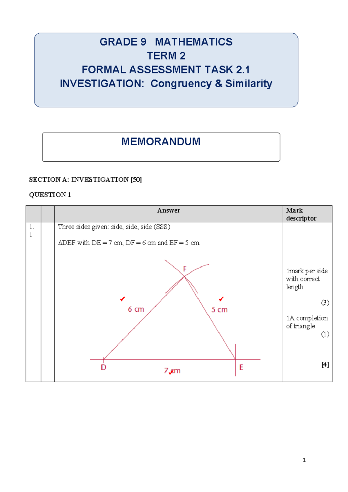 Mathematics Gr 9 Investigation Term 2 Memorandum - Congruency and ...