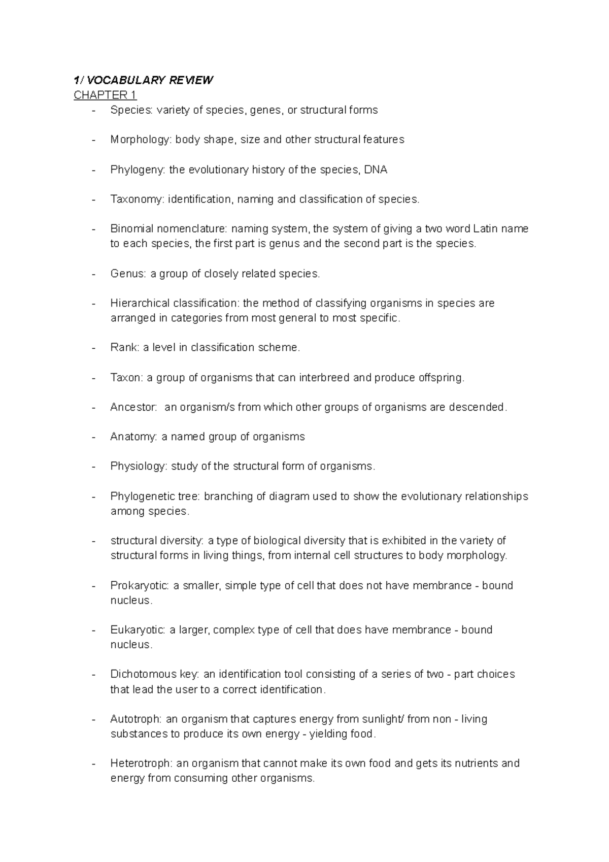 Biology 3U Review - note - 1/ VOCABULARY REVIEW CHAPTER 1 Species ...
