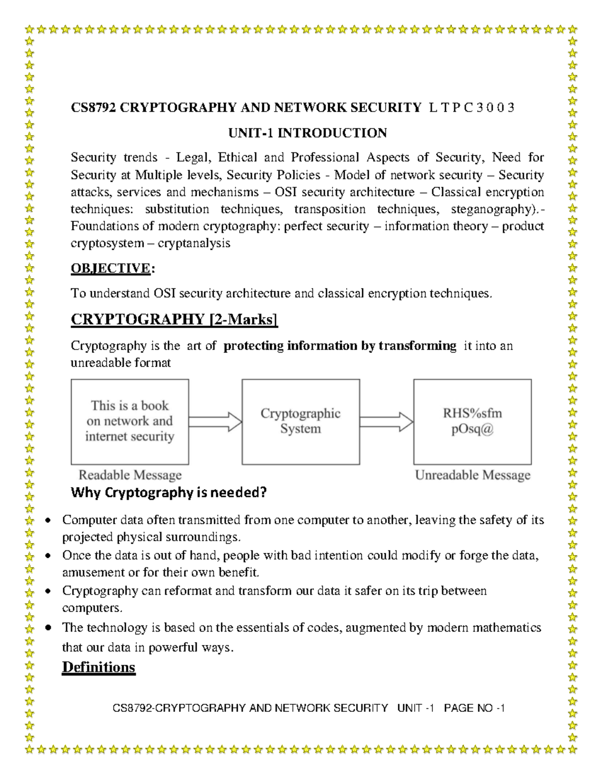 Unit1 Cnsnotes 03 08 2023 Cs8792 Cryptography And Network Security L T P C 3 0 0 3 Unit 1