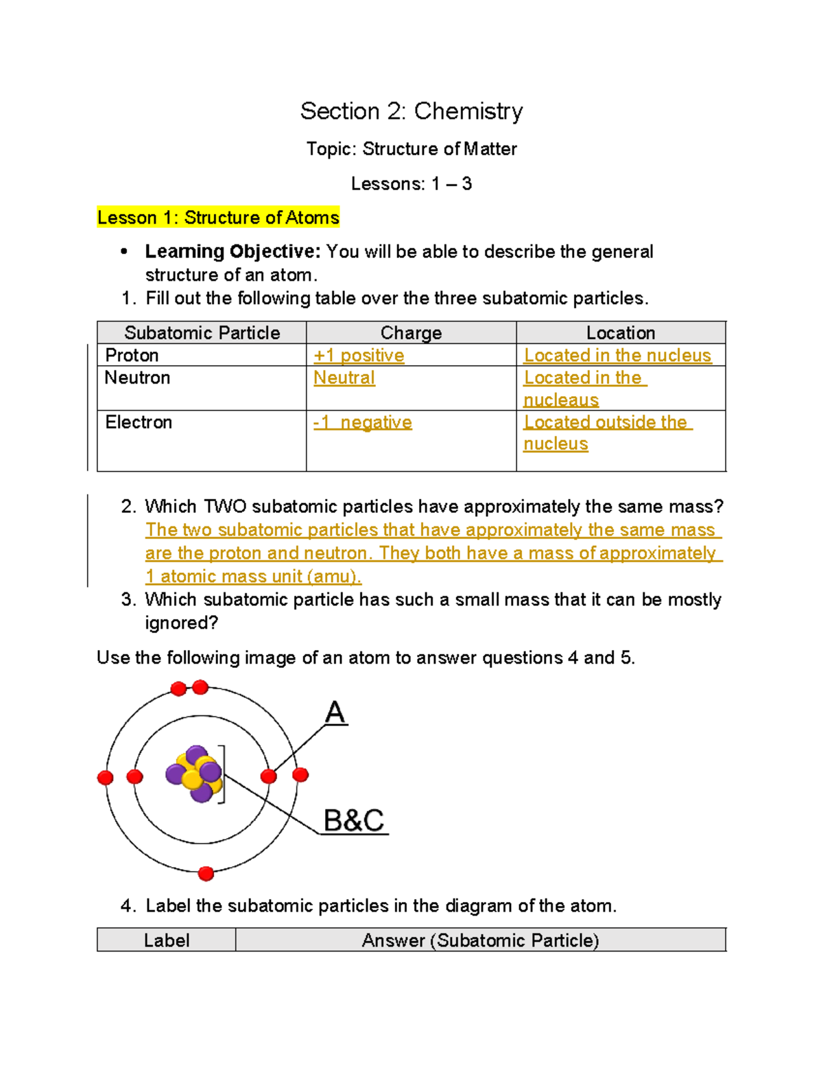 Structure of Matter - Section 2: Chemistry Topic: Structure of Matter ...