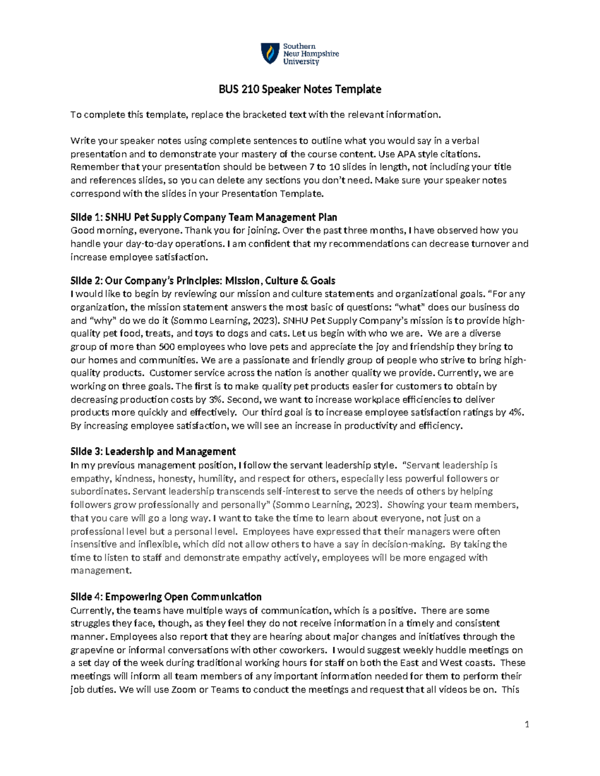 Model 7 slide presentation - BUS 210 Speaker Notes Template To complete ...