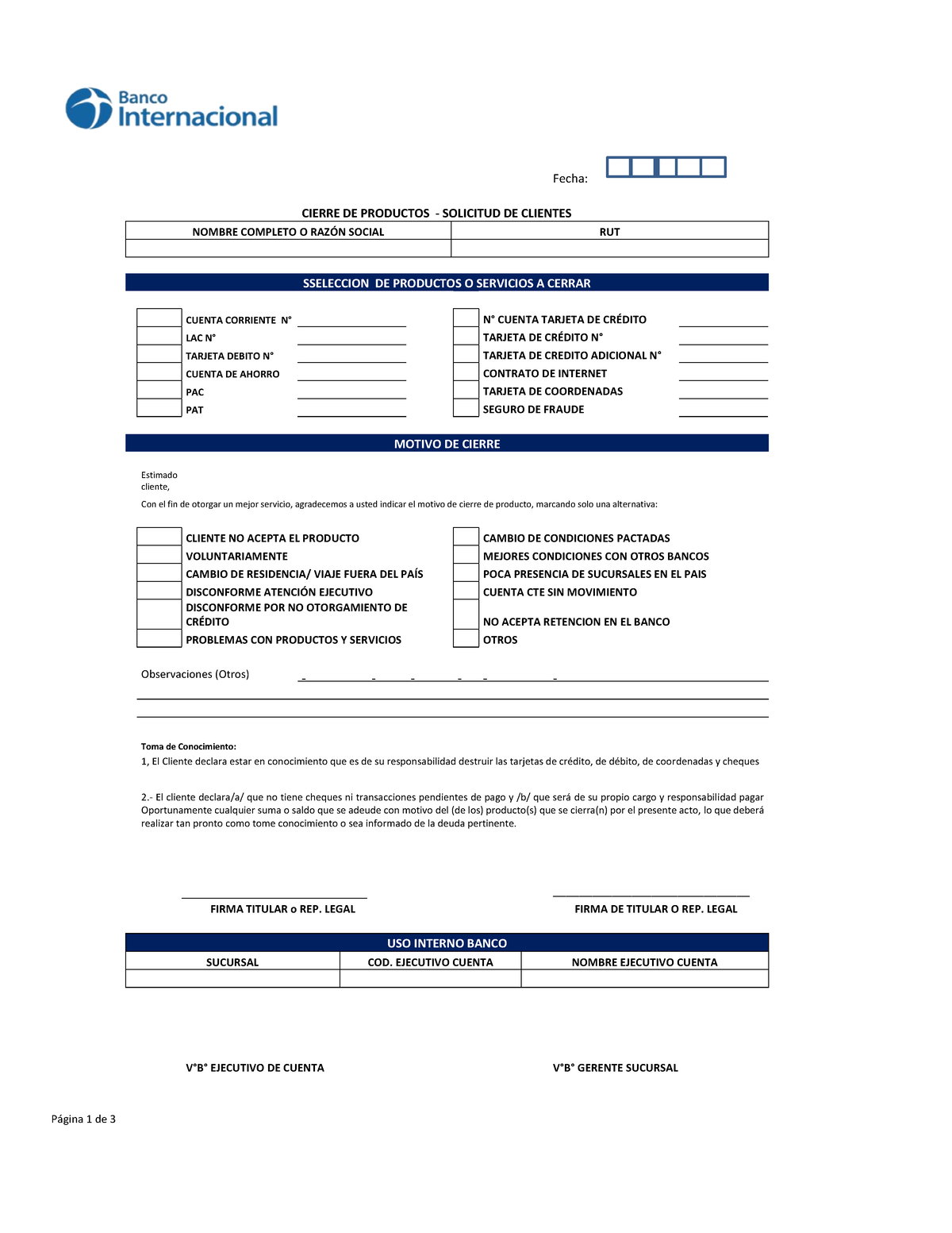 PDF formulario cierre productos - Fecha: CIERRE DE PRODUCTOS ...