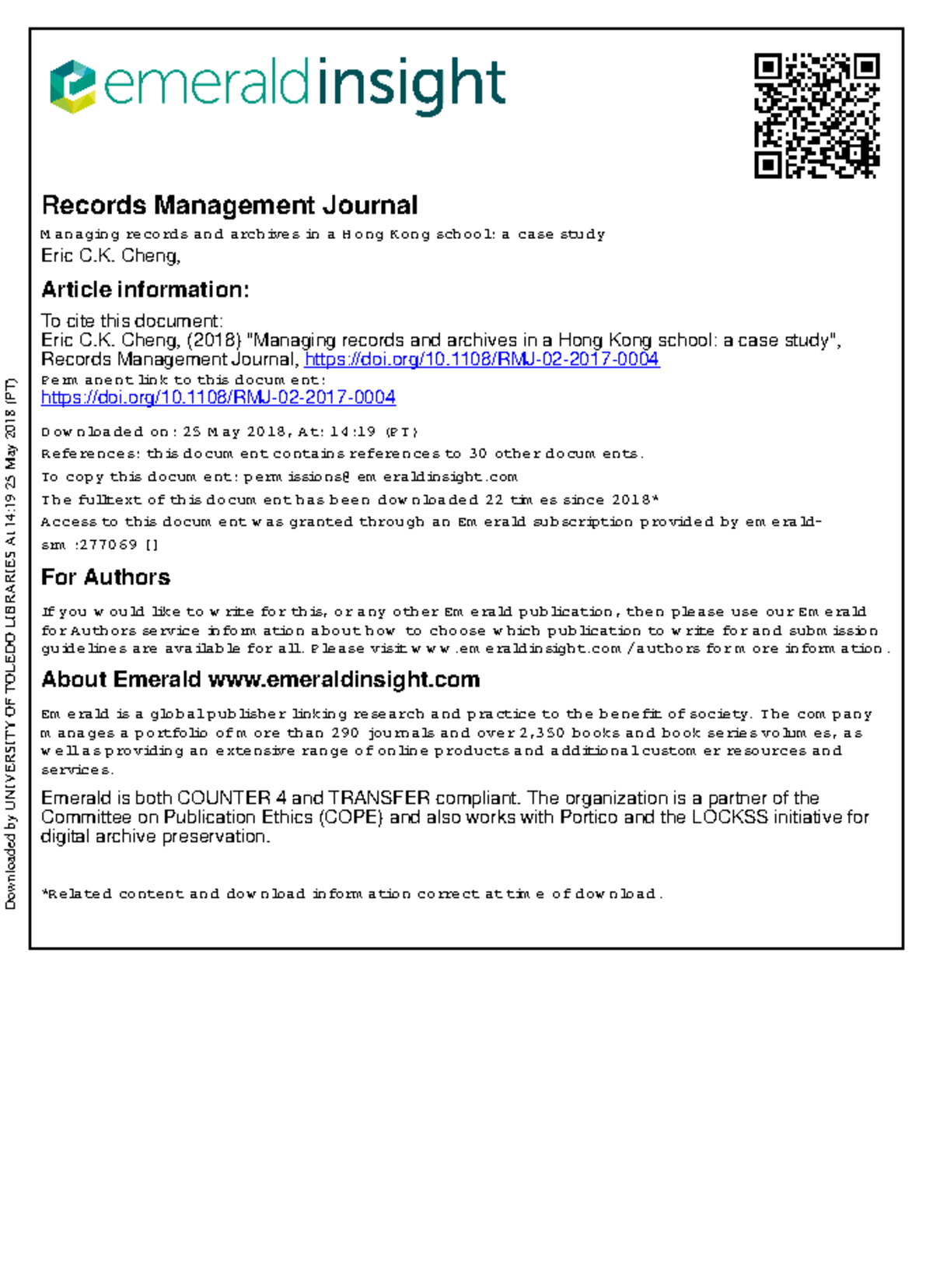 Cheng 2018 - law - Records Management Journal Managing records and ...