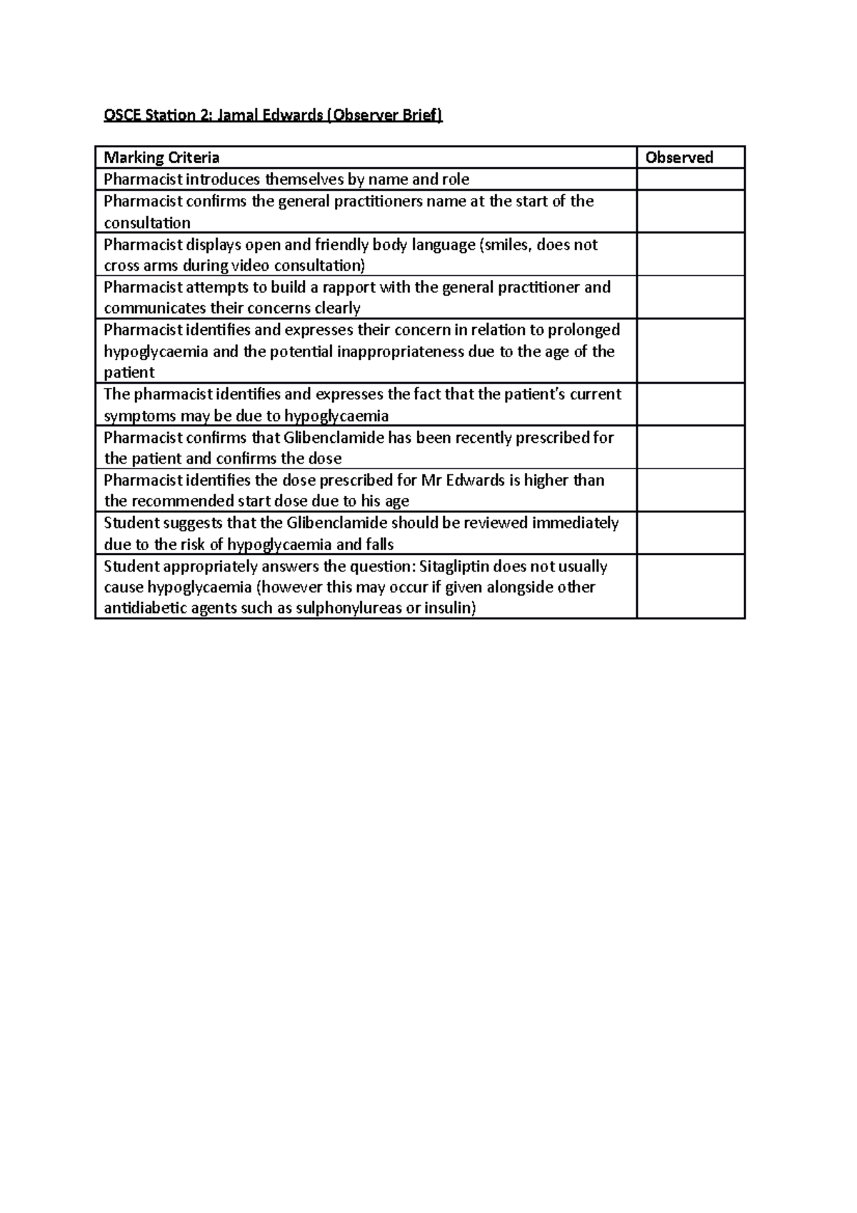Observer checklist - Jamal Edwards scenario - OSCE Station 2: Jamal ...
