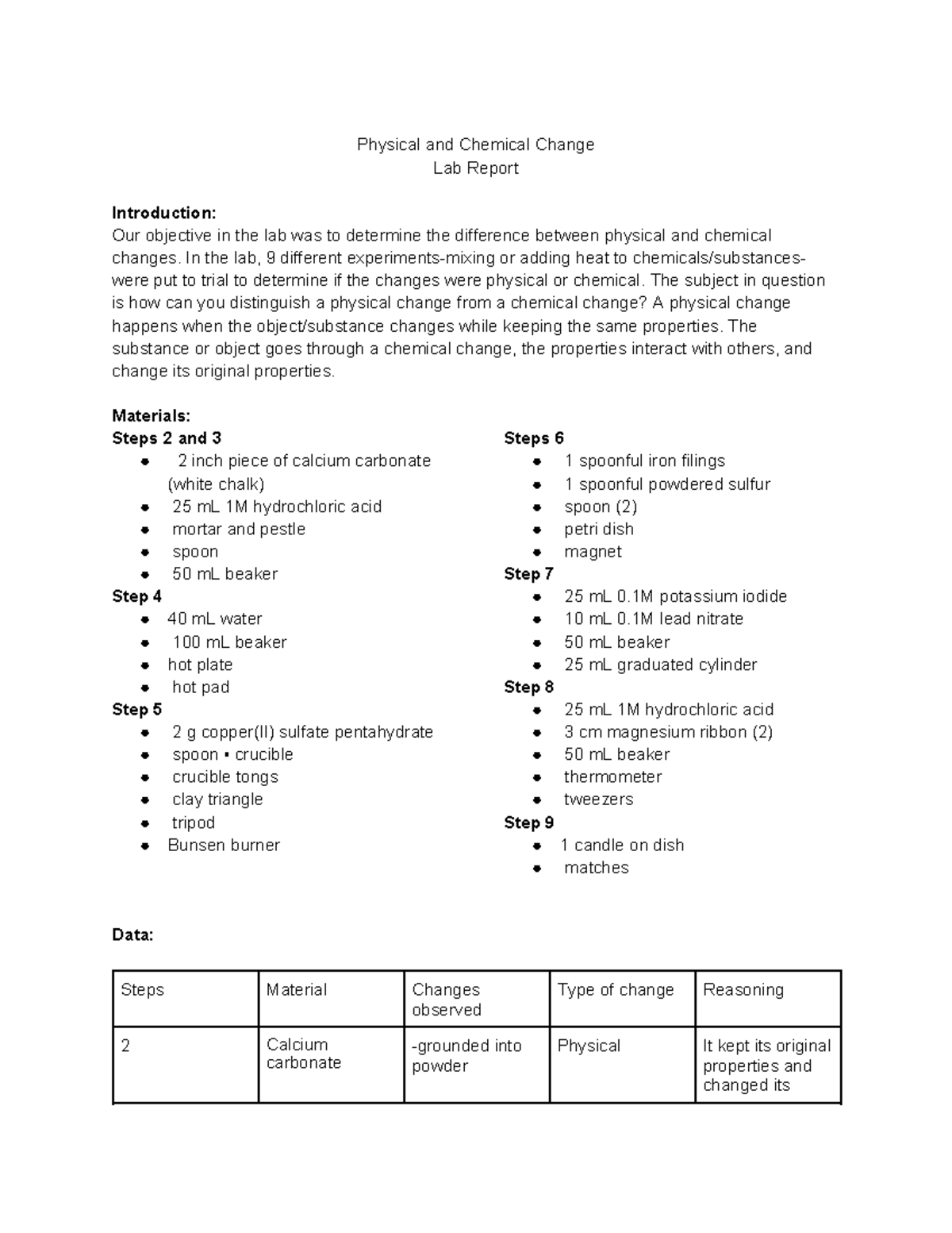 Physical and Chemical Change - In the lab, 9 different experiments ...
