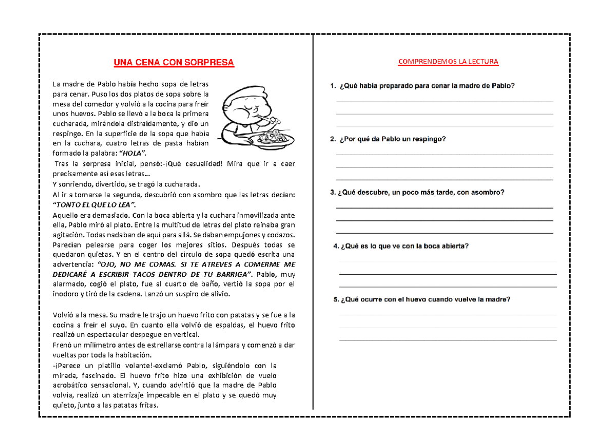 Comprension Lectora 3 DE Primaria - UNA CENA CON SORPRESA La madre de ...