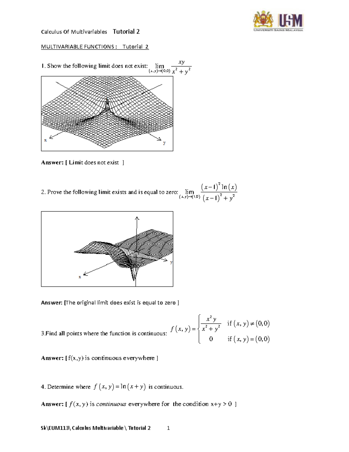 Multivariable Functions Tutorial 2022 for students - MULTIVARIABLE FUNCTIONS : Tutorial 2 1 ...