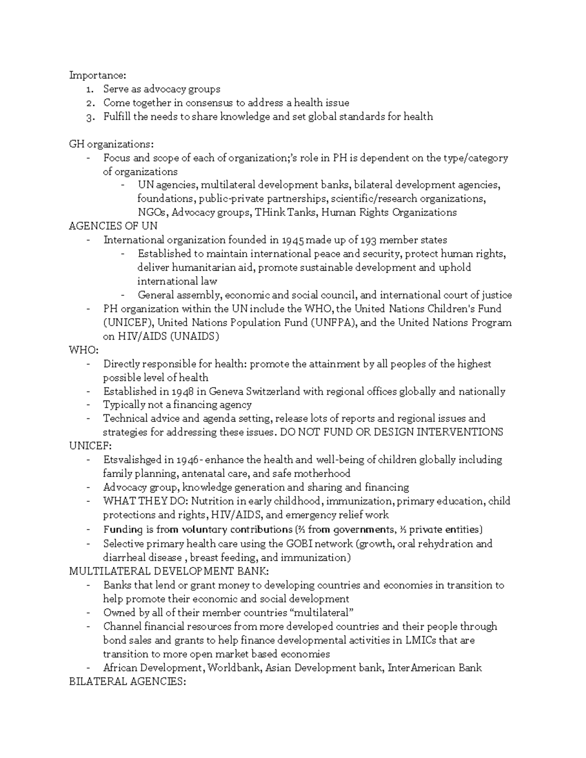 Key actors in global healths - Importance: 1. Serve as advocacy groups ...
