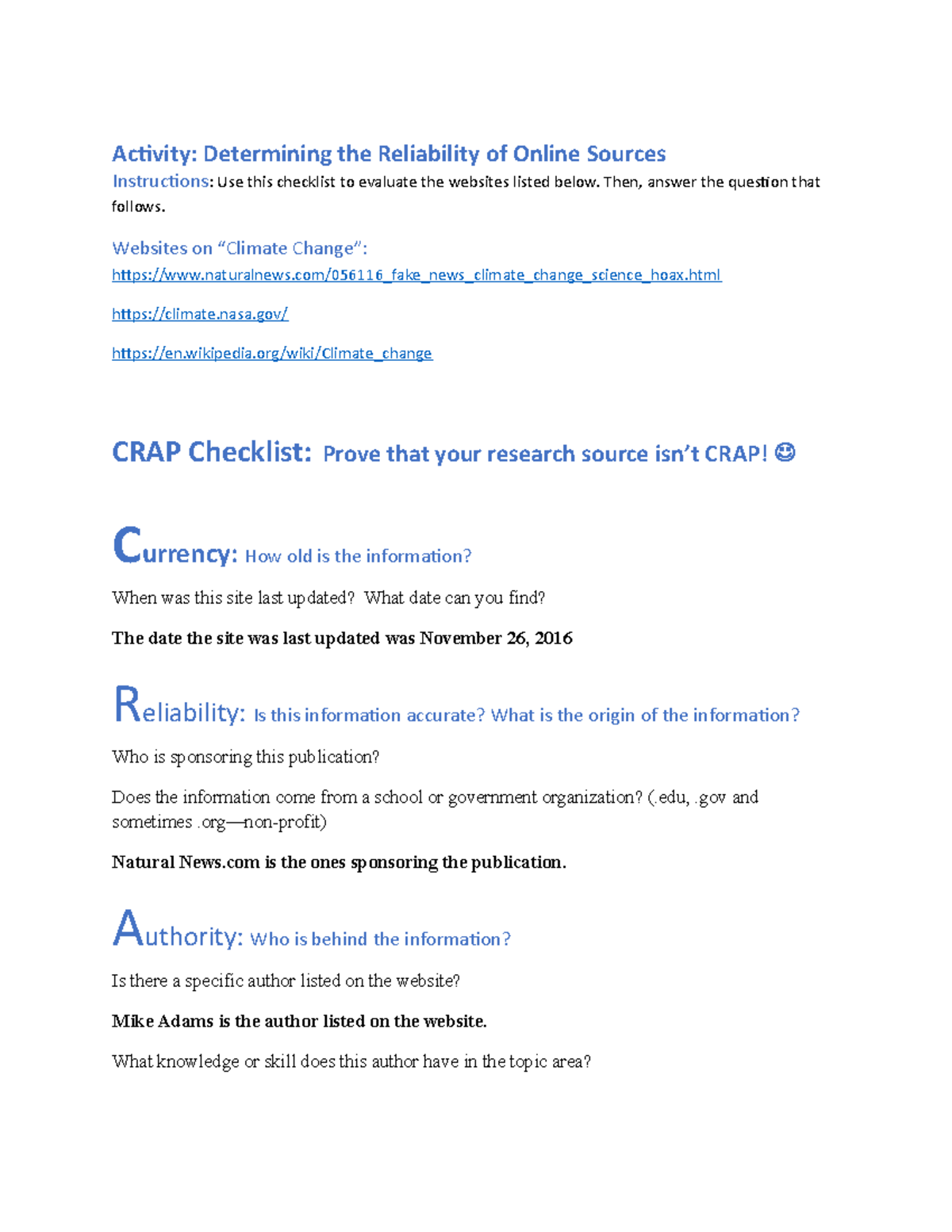 Activity Evaluating the Crediblity of Online Sources - Activity ...