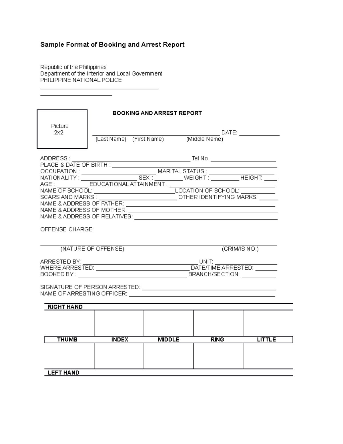 Sample Format of Booking and Arrest Report 3-16-16 - Sample Format of ...