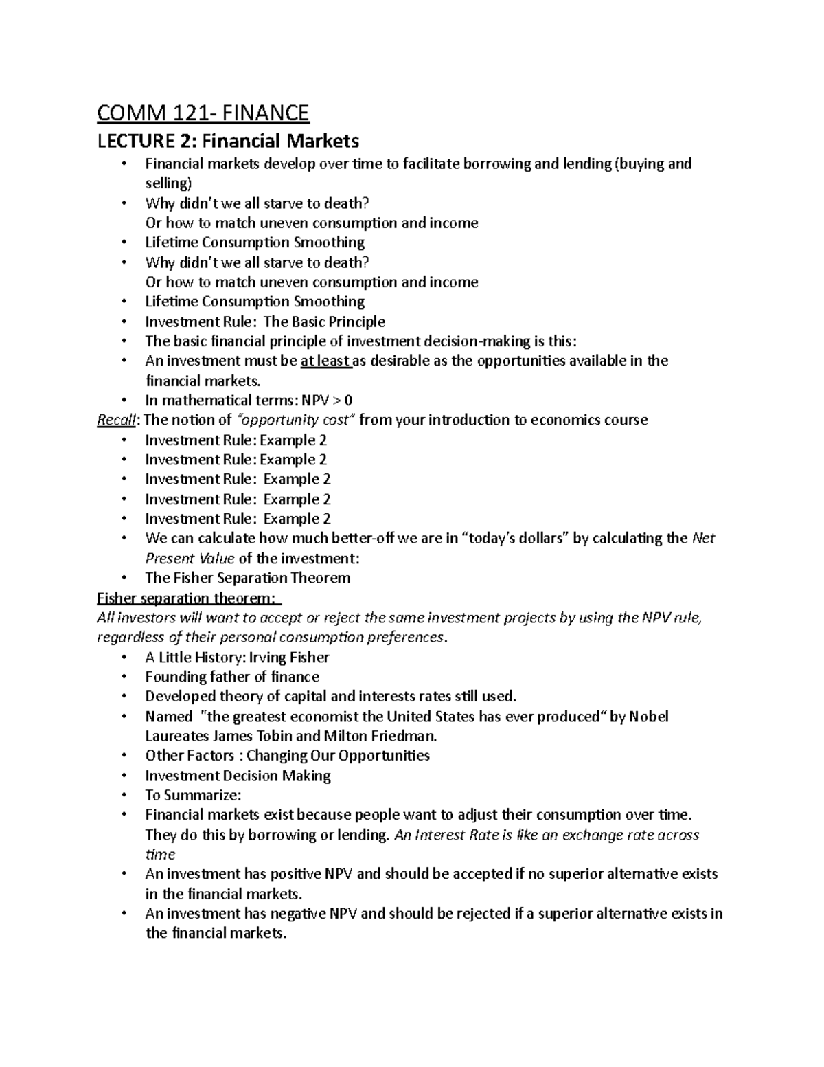 COMM 121 Midterm Notes - COMM 121- FINANCE LECTURE 2: Financial Markets ...
