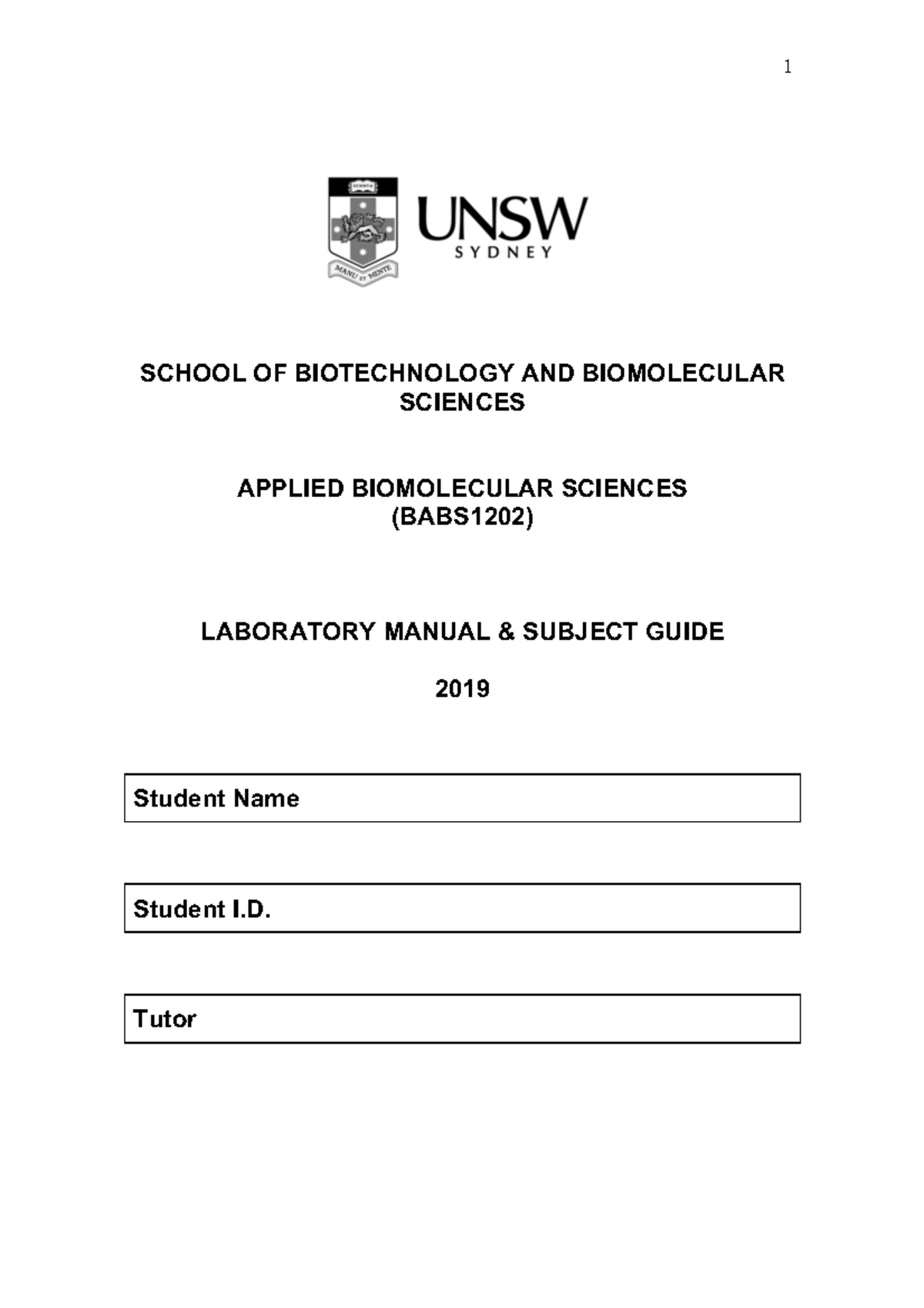 BABS1202 lab manual 2019 - 1 SCHOOL OF BIOTECHNOLOGY AND BIOMOLECULAR ...