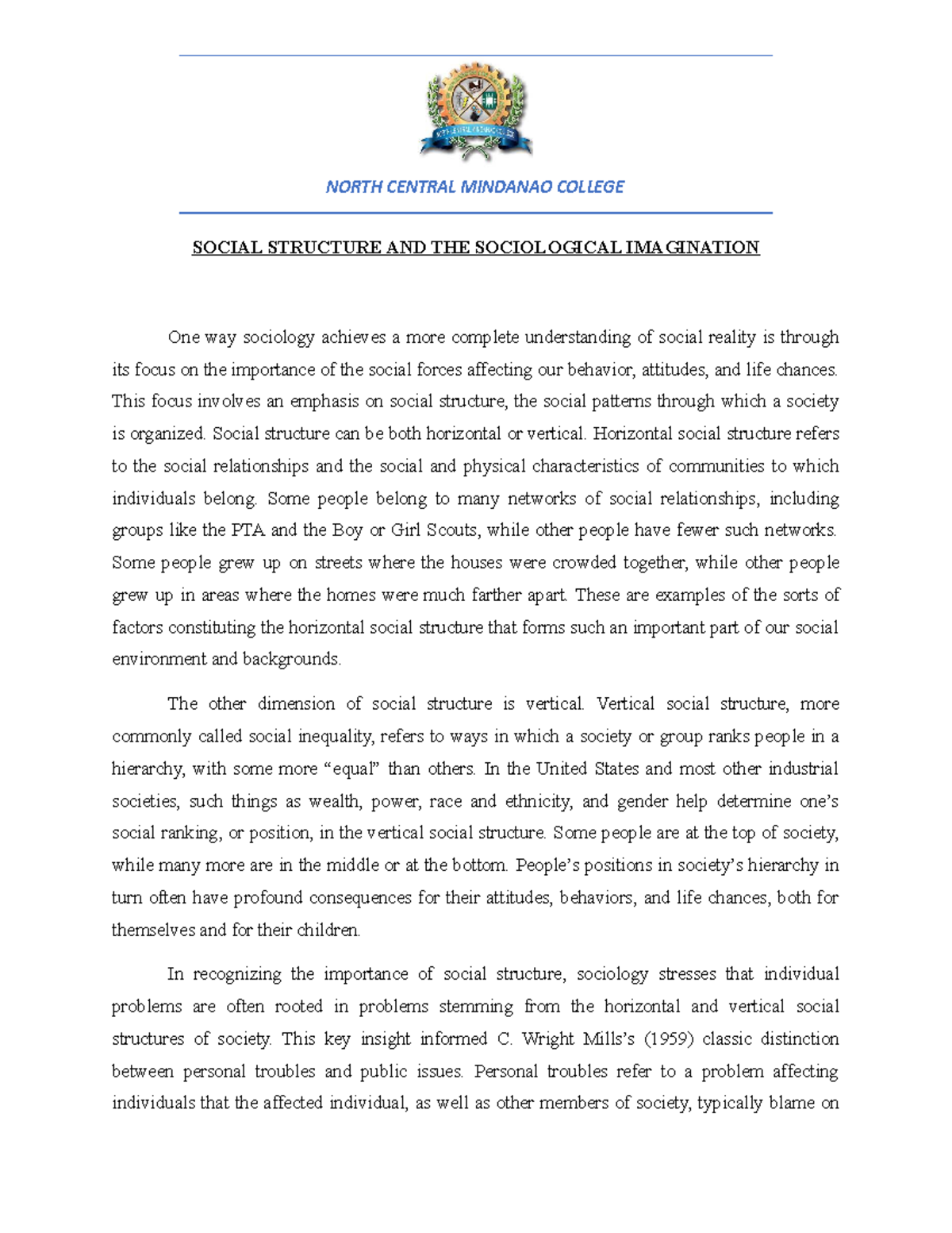 Social Structure AND THE Sociological Imagination - SOCIAL STRUCTURE ...