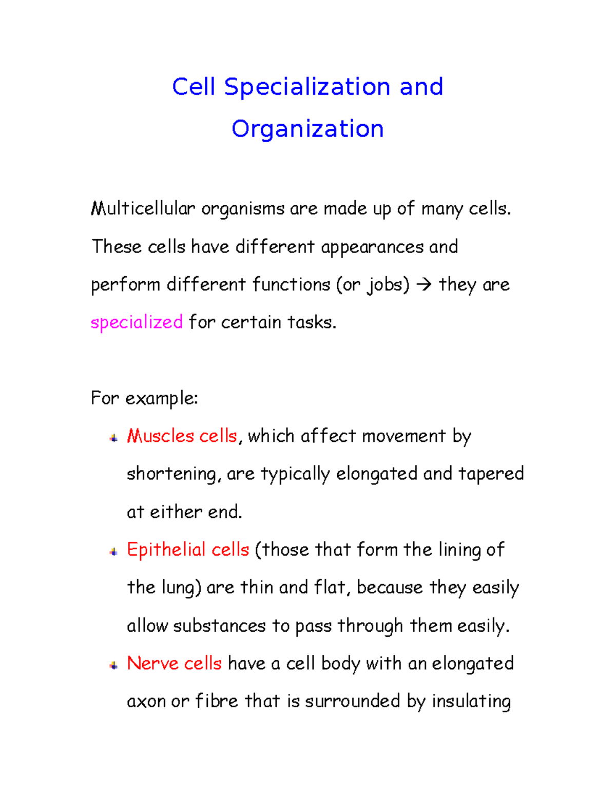 2 5 - Cell Specialization and Organization 1 - Cell Specialization and ...