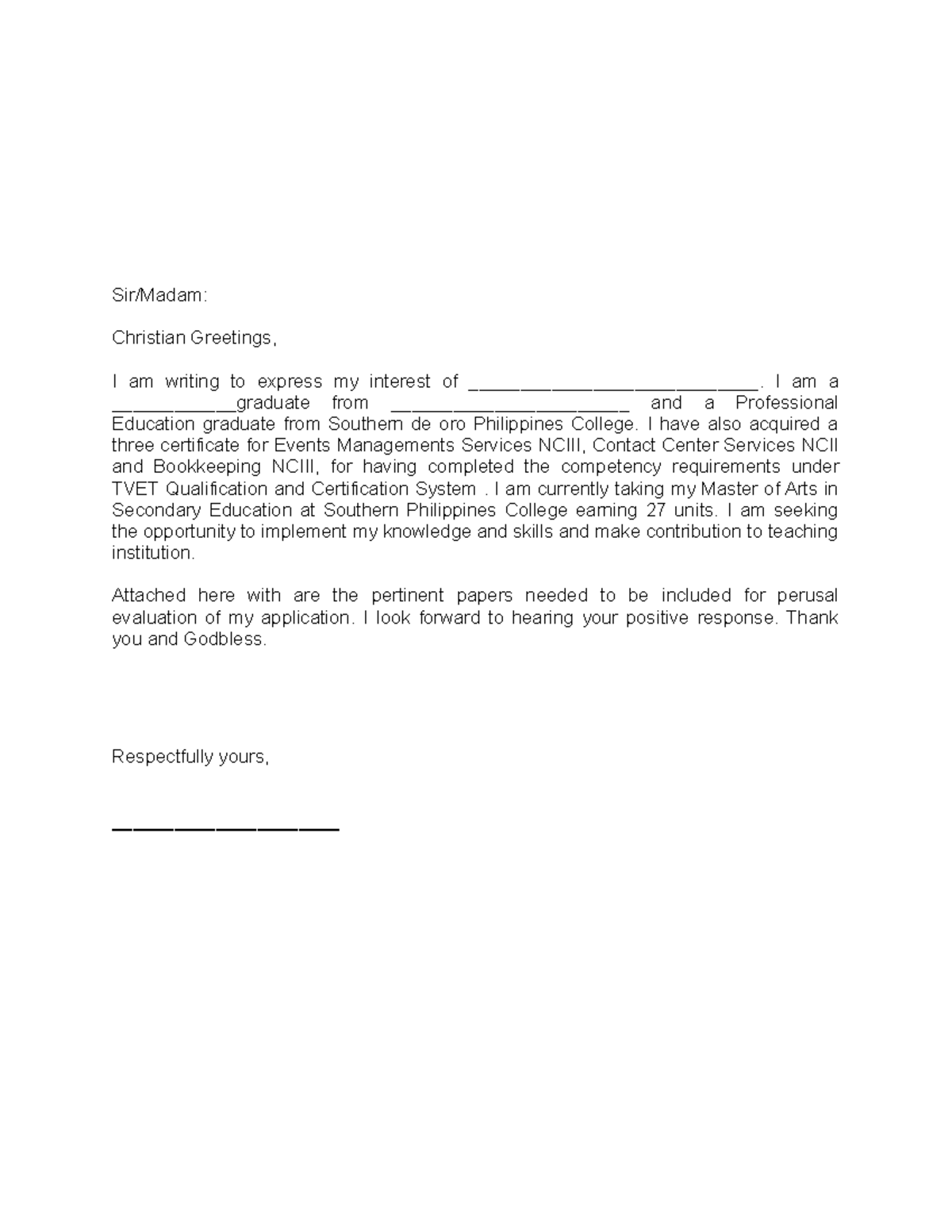 Sample app - application for teachers - Sir/Madam: Christian Greetings ...