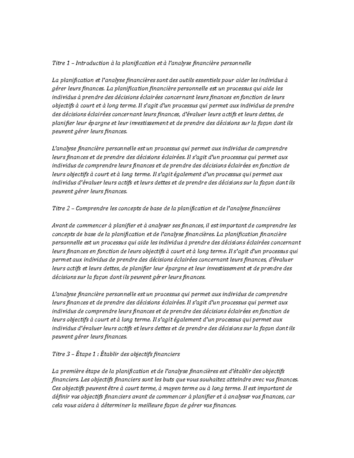 Personal Financial Planning And Analysis Note Study Titre 1