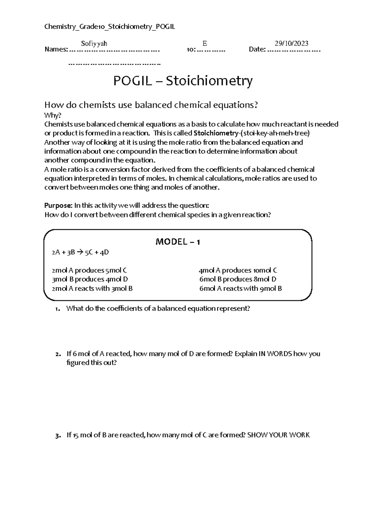Pogil-stoichiometry - Names: ..................................... 10: ............ Date: - Studocu
