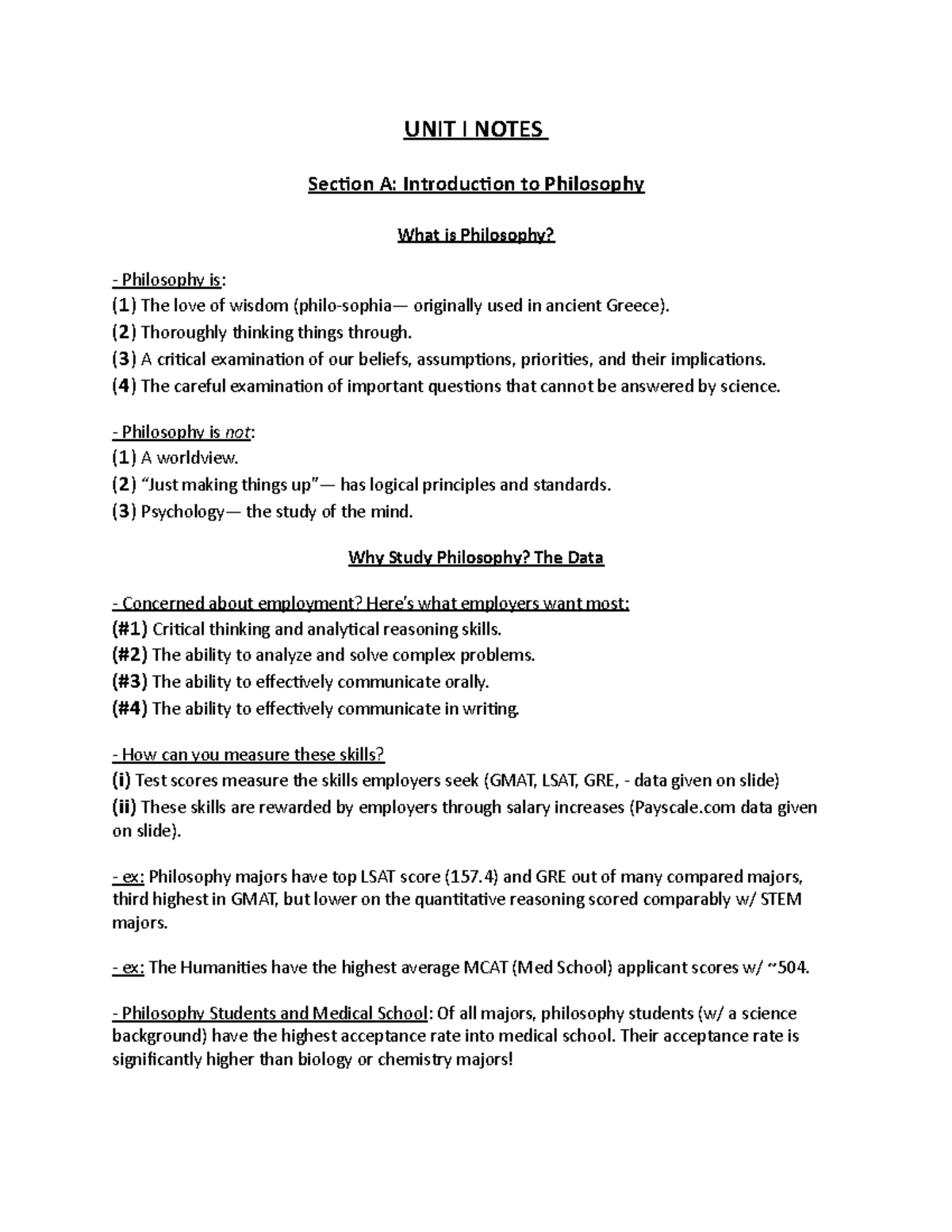 UNIT I Notes (PHIL 120) - UNIT I NOTES Section A: Introduction to ...
