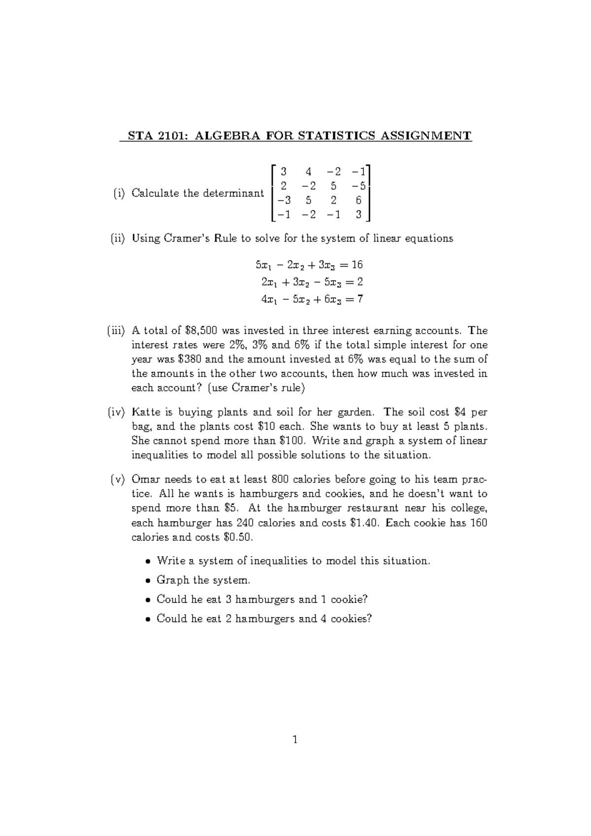 STA 2101 Assignment - Practice questions - STA 2101: ALGEBRA FOR ...
