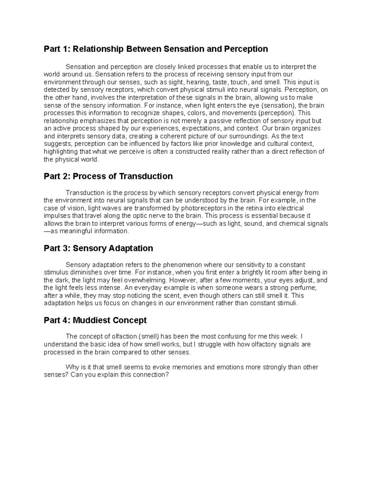 Week 6 Assignment - N/A - Part 1: Relationship Between Sensation and ...