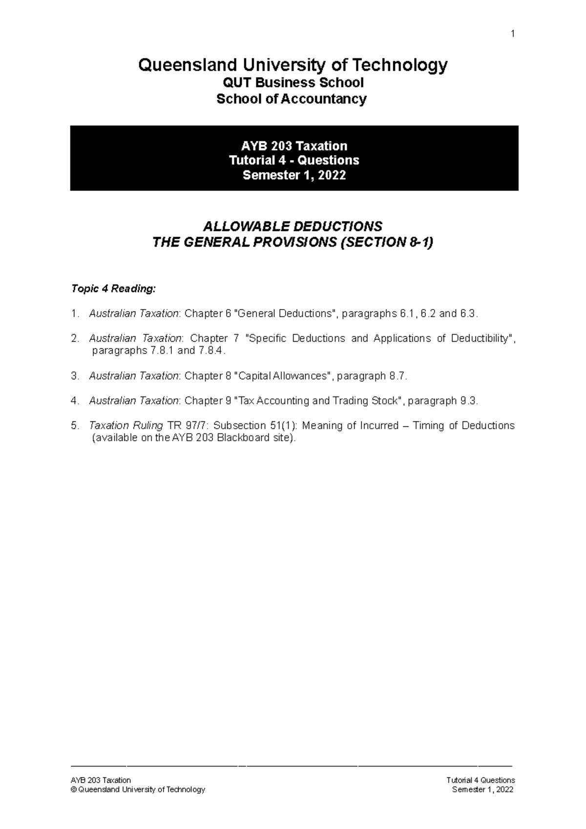 Tutorial 4 - Queensland University of Technology QUT Business School ...