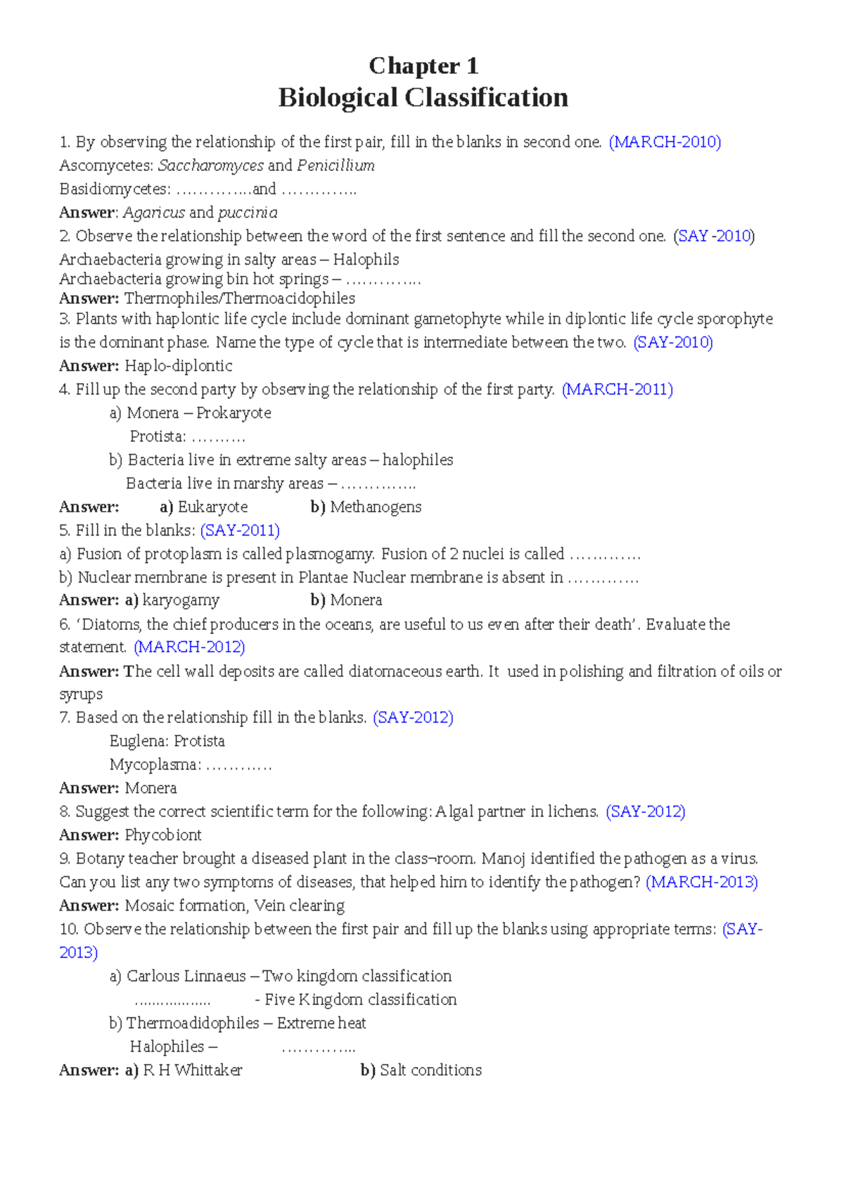 Chapter wise Plus one - Chapter 1 Biological Classification 1 ...