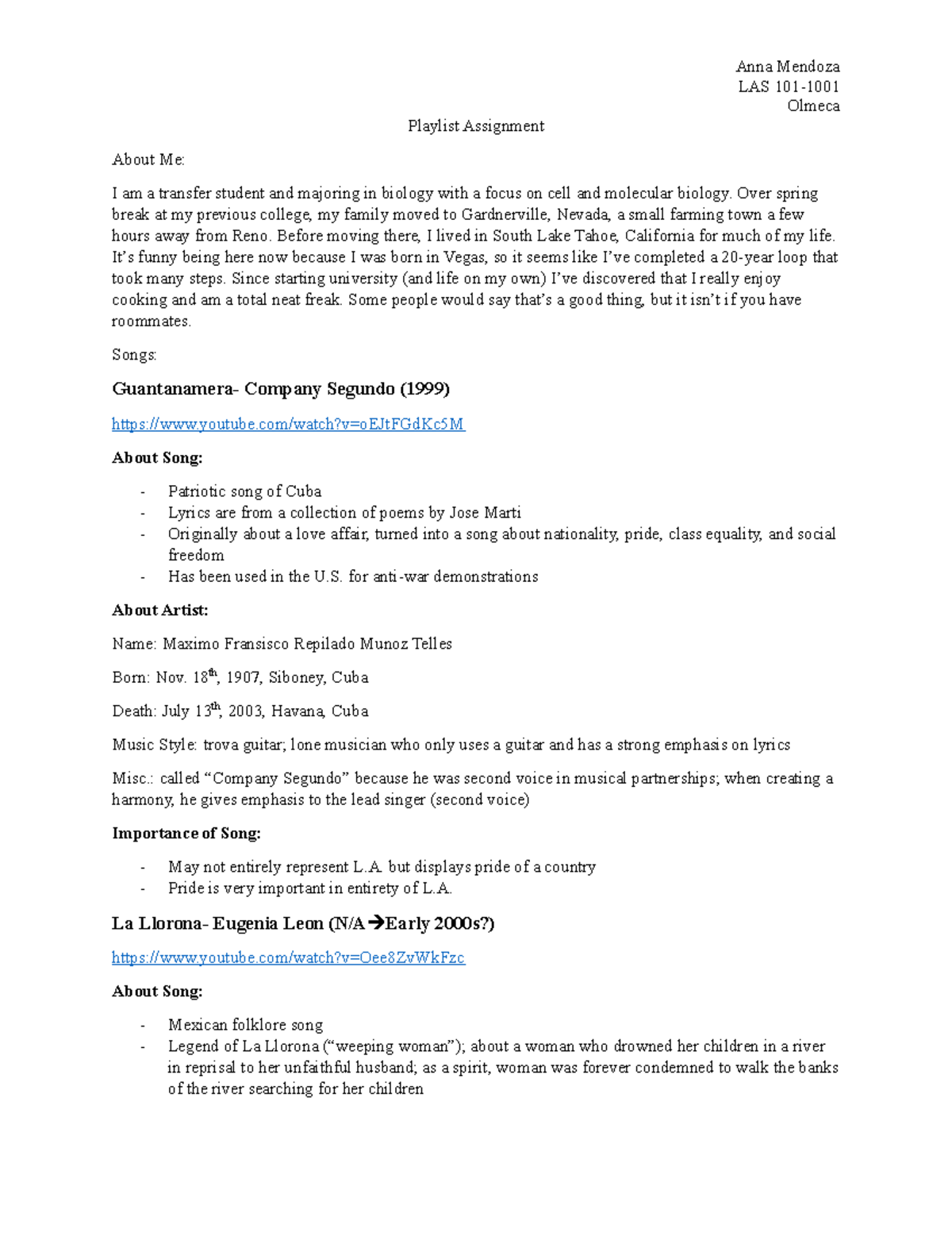 Playlist Assignment 9922 - Anna Mendoza LAS 101- Olmeca Playlist ...