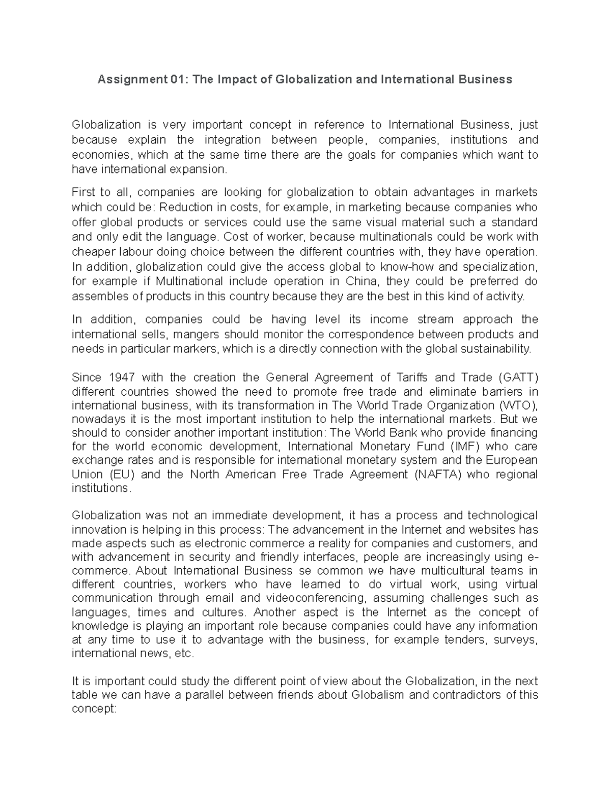 Assigment 1 - BUSINESS - Assignment 01: The Impact of Globalization and ...